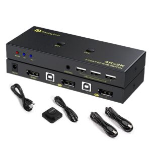 dp kvm switch 1 monitors 2 computers, 2 port displayport kvm switch share usb 2.0 devices with 3 usb hub for 4k@60hz, 2k@144hz, 2k@120hz with extension control switch and 2 usb cable