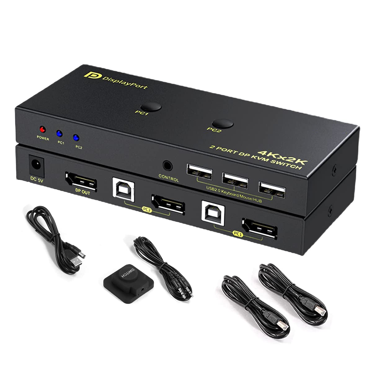 DP KVM Switch 1 Monitors 2 Computers, 2 Port Displayport KVM Switch Share USB 2.0 Devices with 3 USB Hub for 4K@60Hz, 2K@144Hz, 2K@120Hz with Extension Control Switch and 2 USB Cable