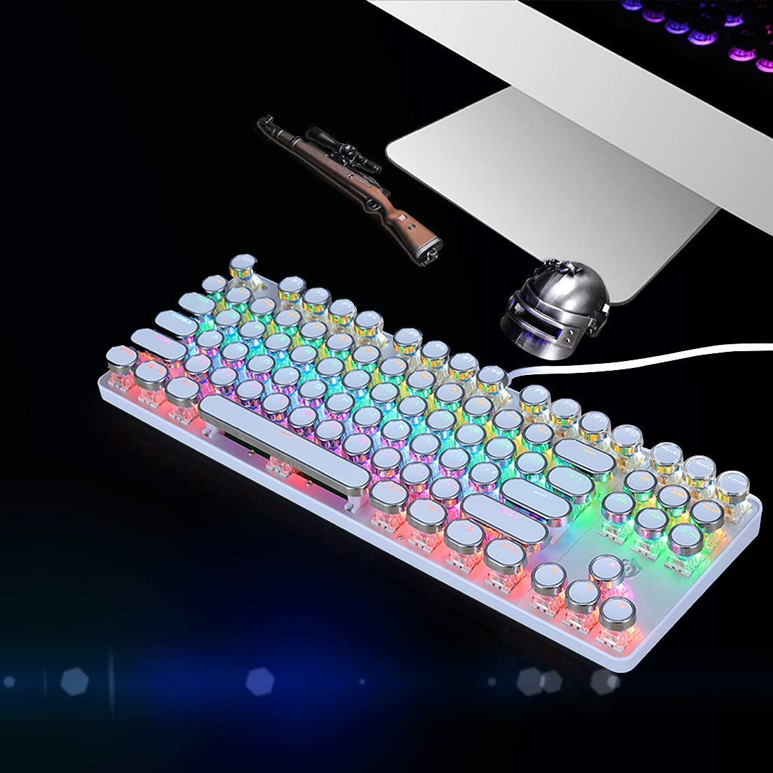 Type Writer Keyboard, Typewriter-Style Steampunk Mechanical Gaming Keyboards Blue Switch with 9 True RGB Backlight Modes and 87-Key Wired Keyboard with Spill-Resistant (Round Keycaps)