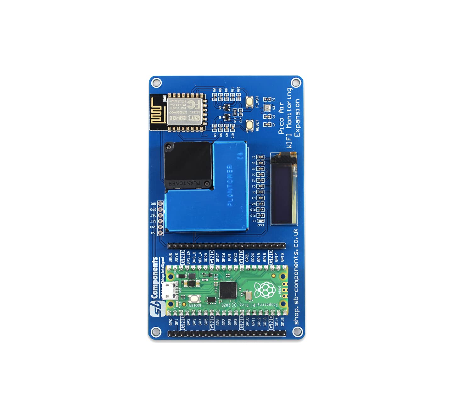 sb components Raspberry Pi Pico with Pico Air WiFi Monitoring Expansion PMSA003 Sensor ESP8266 Module Air Monitor WiFi HAT for Raspberry Pi Pico with inbuilt 0.91" OLED Display