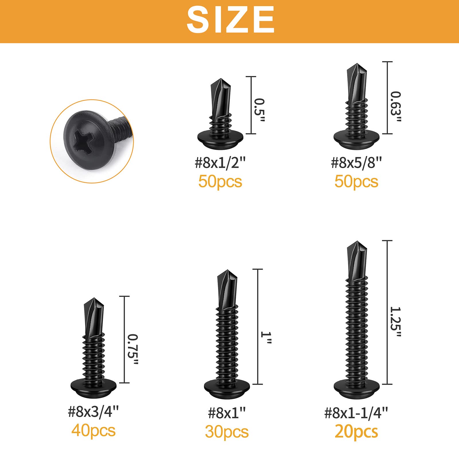 410 Stainless Steel Sheet Metal Screws Assortment Kit, #8 x 1/2'' to 1-1/2'' Assorted Modified Truss Head Black Self Tapping Screws for Metal, Plastic, Aluminum, 190Pcs Self Drilling Screws