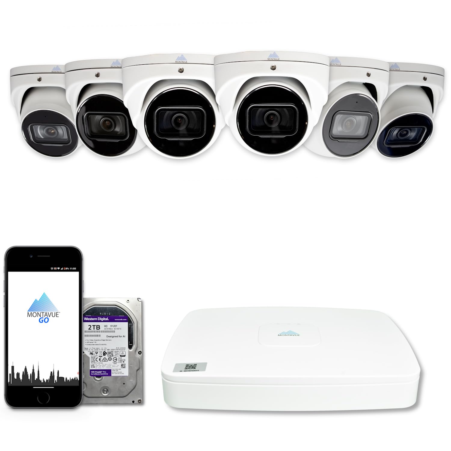 Montavue UltraHD Security Camera System, 6pcs 4K 8MP IP PoE Turret Cameras, 8ch POE NVR, IP67 Weatherproof, 100ft IR Night Vision, Built-in Mic, IVS, Motion Detection, 2TB Pre-Installed Hard Drive