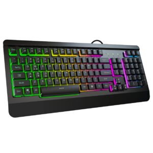 cudote gaming keyboard, usb wired keyboard rainbow backlit, led light up with ergonomic wrist rest, multimedia shortcut keys, 19 keys anti-ghosting, pc for laptop desktop computer, black