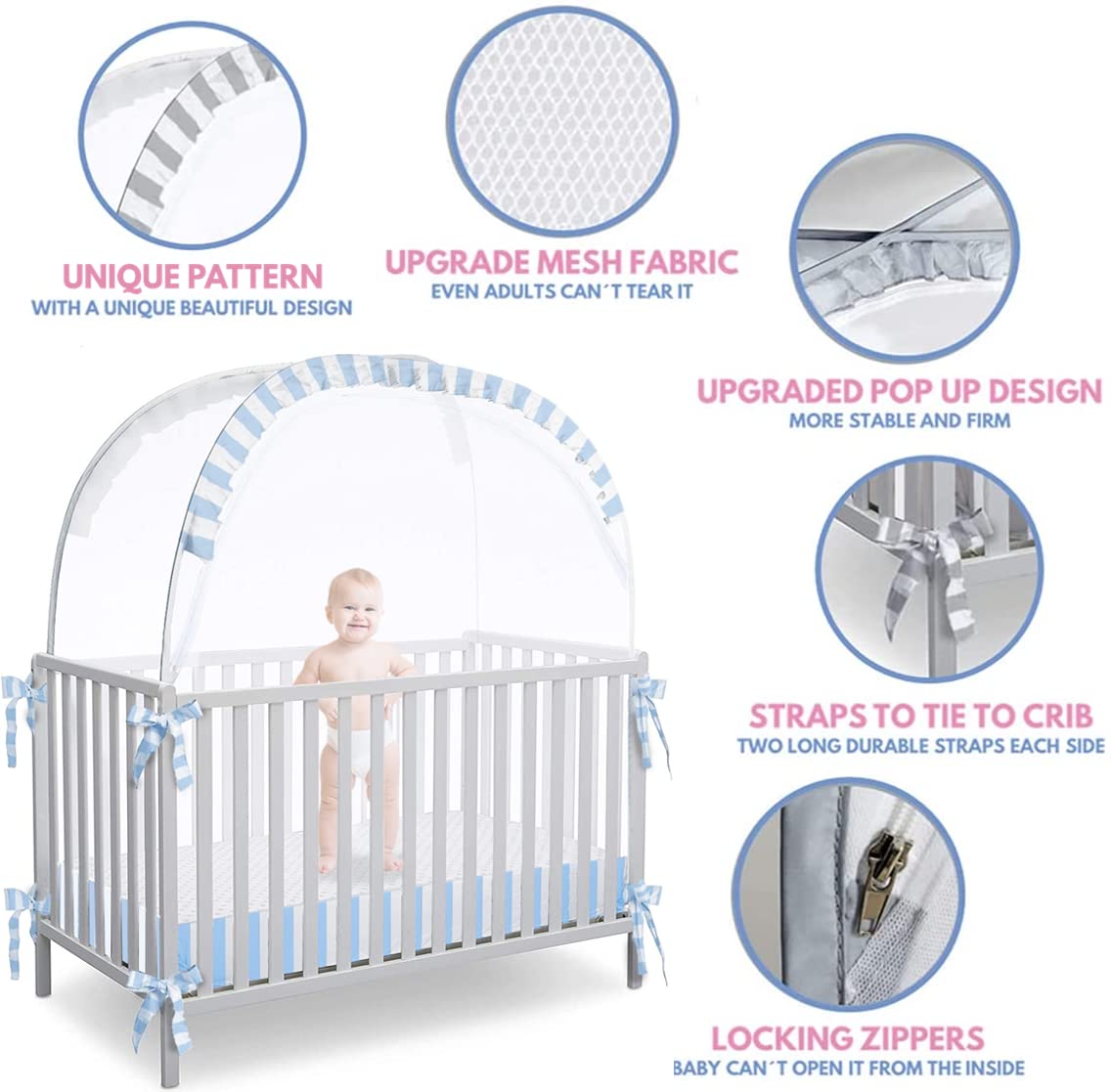 Baby Safety Pop up Crib Tent | Premium Crib Net to Keep Baby from Climbing Out | Upgraded Mesh Fabric | Protect Your Baby from Falls | Unisex Infant Crib Tent (Blue)