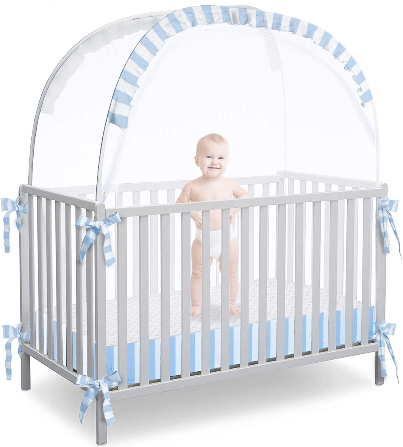 Baby Safety Pop up Crib Tent | Premium Crib Net to Keep Baby from Climbing Out | Upgraded Mesh Fabric | Protect Your Baby from Falls | Unisex Infant Crib Tent (Blue)