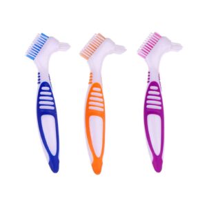 evago 3 pcs denture cleaning brush with multi-layered bristles and ergonomic rubber handle portable denture brush double sided brush for false teeth cleaning (blue, purple, orange)