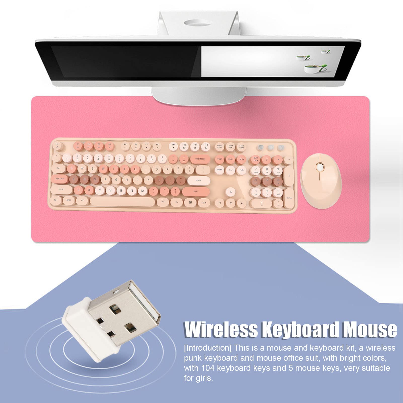 ASHATA Keyboard Mouse Combo, 2.4 GHz Cute Retro Round Keycaps Keyboard and 5 Buttons Mouse with USB Receiver, for Windows Laptop Computer Desktop PC (Milk Tea,