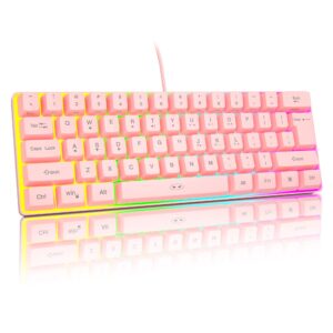 60% wired gaming keyboard, rgb backlit ultra-compact mini keyboard, mechanical feeling membrane mini compact 61 keys keyboard for pc/mac gamer, typist, travel, easy to carry on business trip(pink)