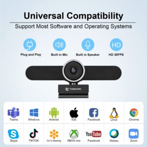 TONGVEO 4K Webcam Conference Call TV Room Web Camera with Dual Microphones &Speaker, | All-in-One USB Video Camera, 116° Wide Angle, AI Auto Framing | Compatible with MS Teams, Zoom, OBS