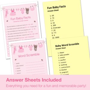 Papery Pop Baby Shower Games for Girl - Set of 4 Games for 30 Guests - Double Sided Cards - Baby Shower Supplies