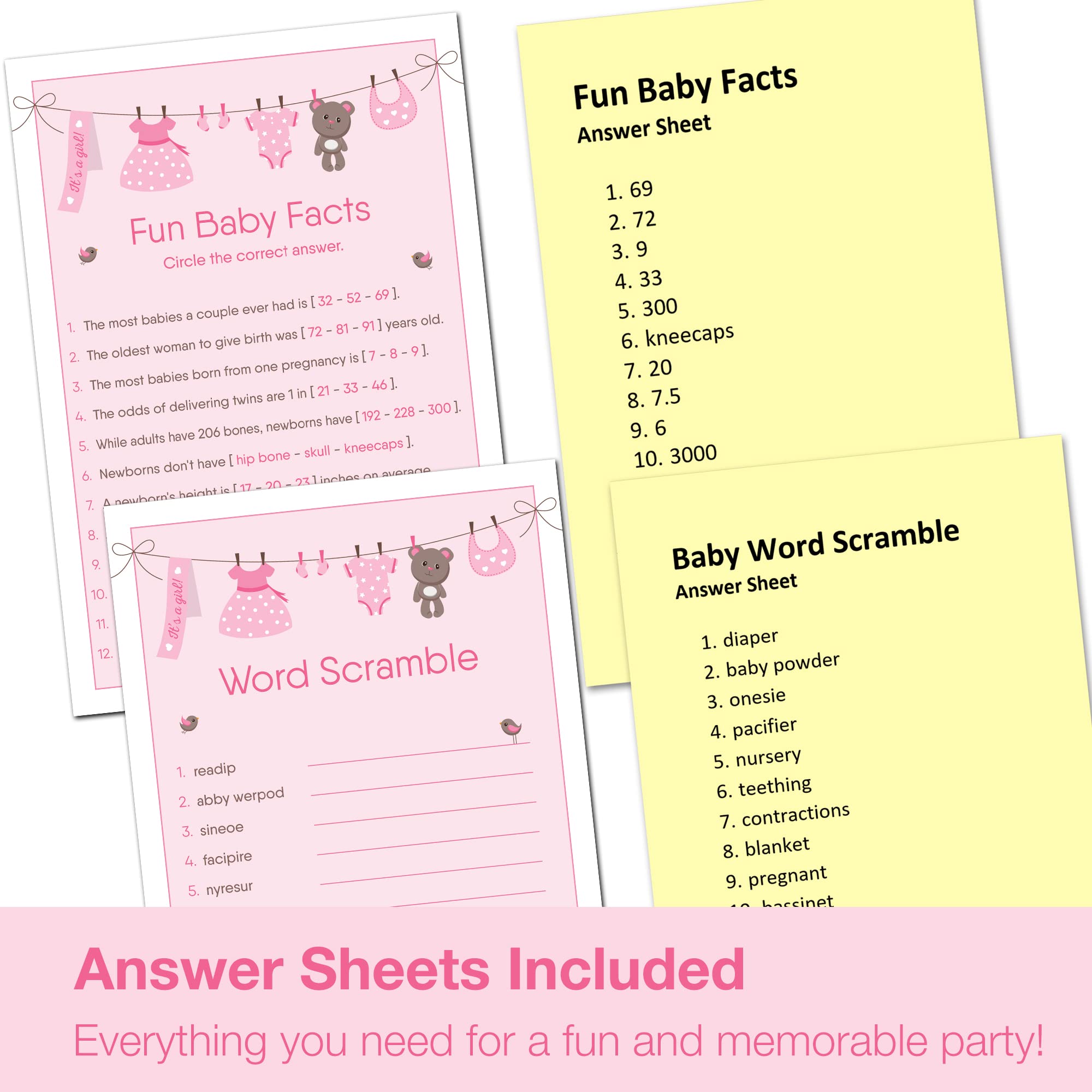 Papery Pop Baby Shower Games for Girl - Set of 4 Games for 30 Guests - Double Sided Cards - Baby Shower Supplies