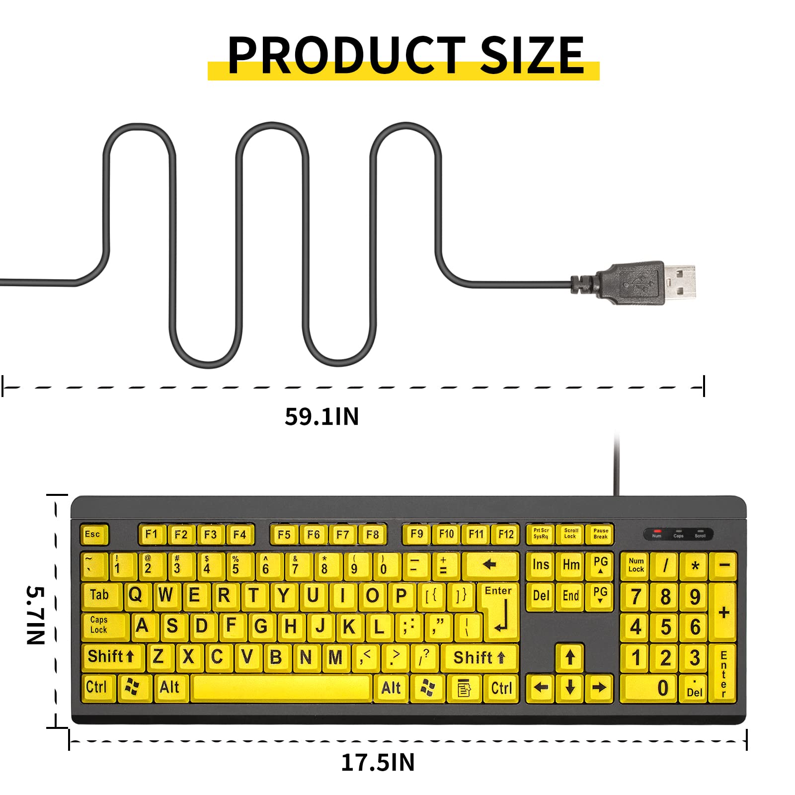 Adadmei Large Print Computer Keyboard, Wired USB High Contrast Keyboard, Oversized Big Letters Keyboard for Visually Impaired Low Vision Individuals, Seniors, Students, Computer Beginners