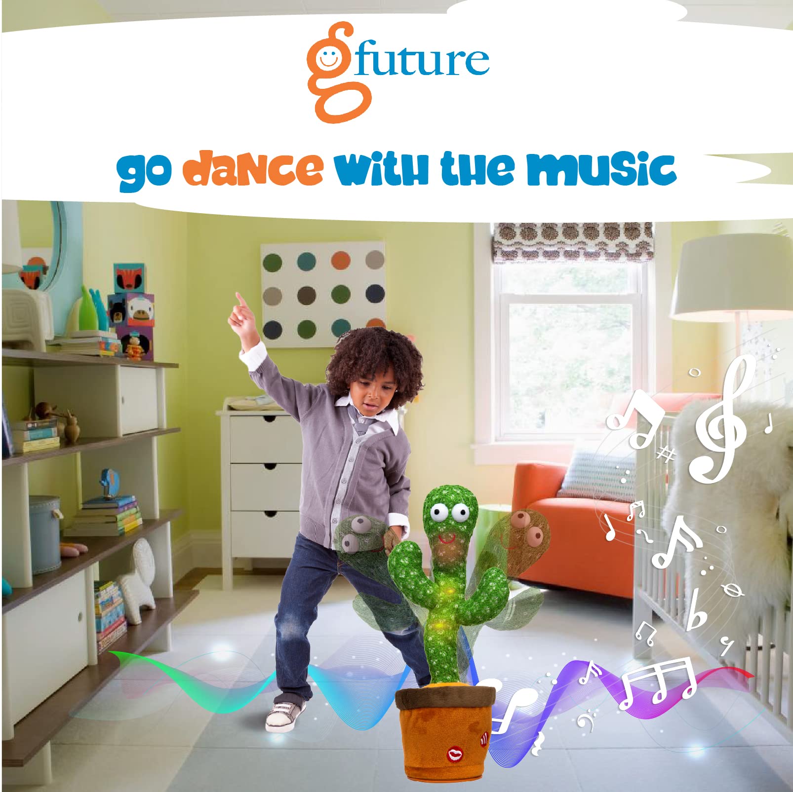 GFUTURE Dancing Cactus Mimicking Toys for Babies and Kids, Repeat What You Say Sunny Cactus Plush Toy with Kids Friendly 75 Songs and Music Kids Adjust Volume 12 Inches, USB Charger