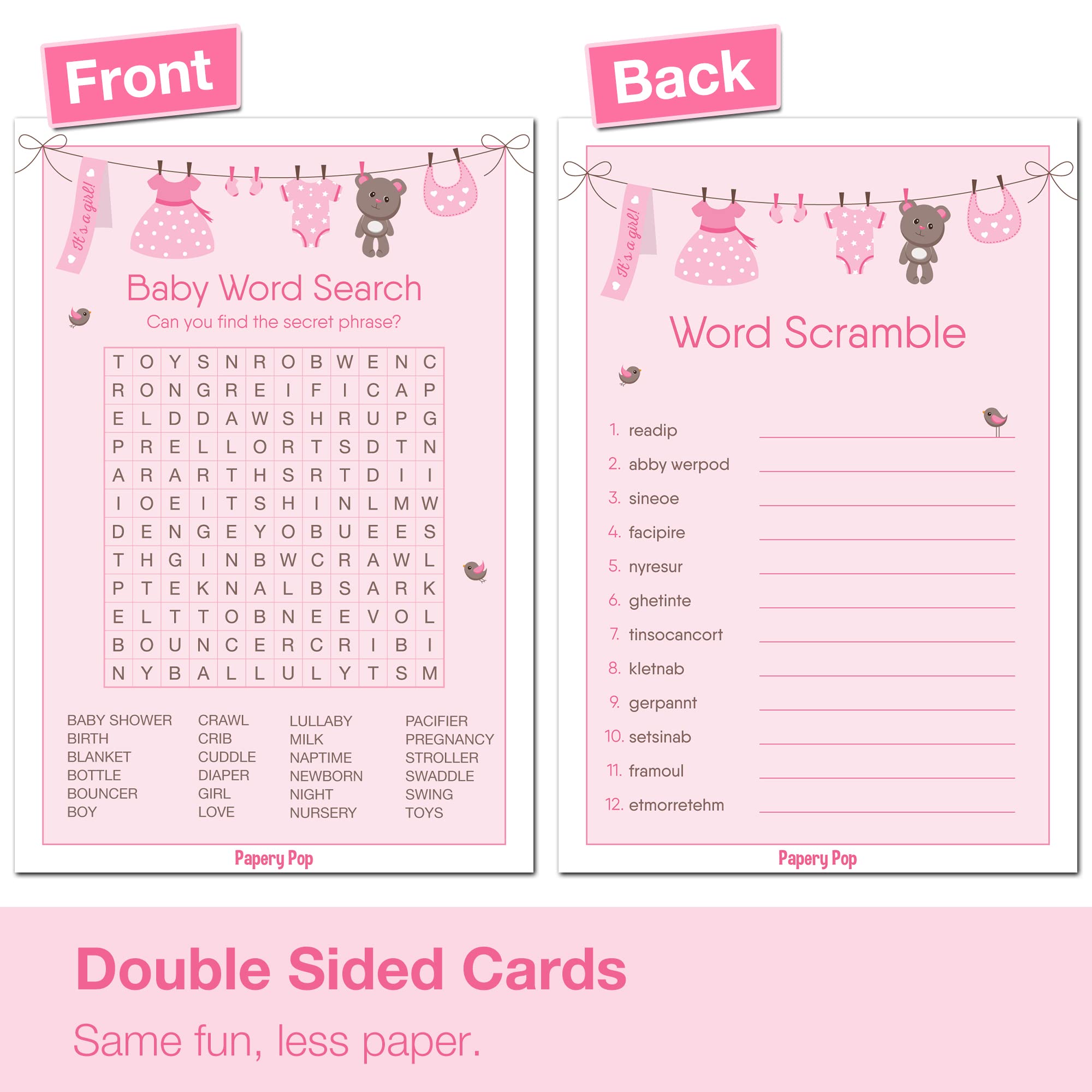 Papery Pop Baby Shower Games for Girl - Set of 4 Games for 30 Guests - Double Sided Cards - Baby Shower Supplies