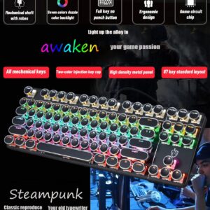 Type Writer Keyboard, Typewriter-Style Steampunk Mechanical Gaming Keyboards Blue Switch with 9 True RGB Backlight Modes and 87-Key Wired Keyboard with Spill-Resistant (Round Keycaps)