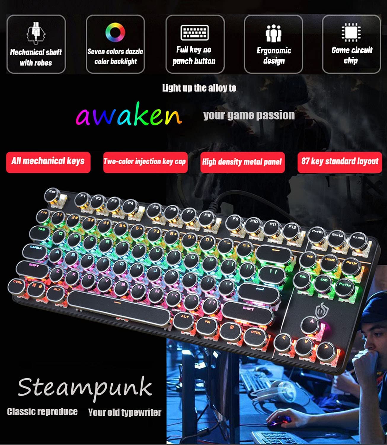 Type Writer Keyboard, Typewriter-Style Steampunk Mechanical Gaming Keyboards Blue Switch with 9 True RGB Backlight Modes and 87-Key Wired Keyboard with Spill-Resistant (Round Keycaps)