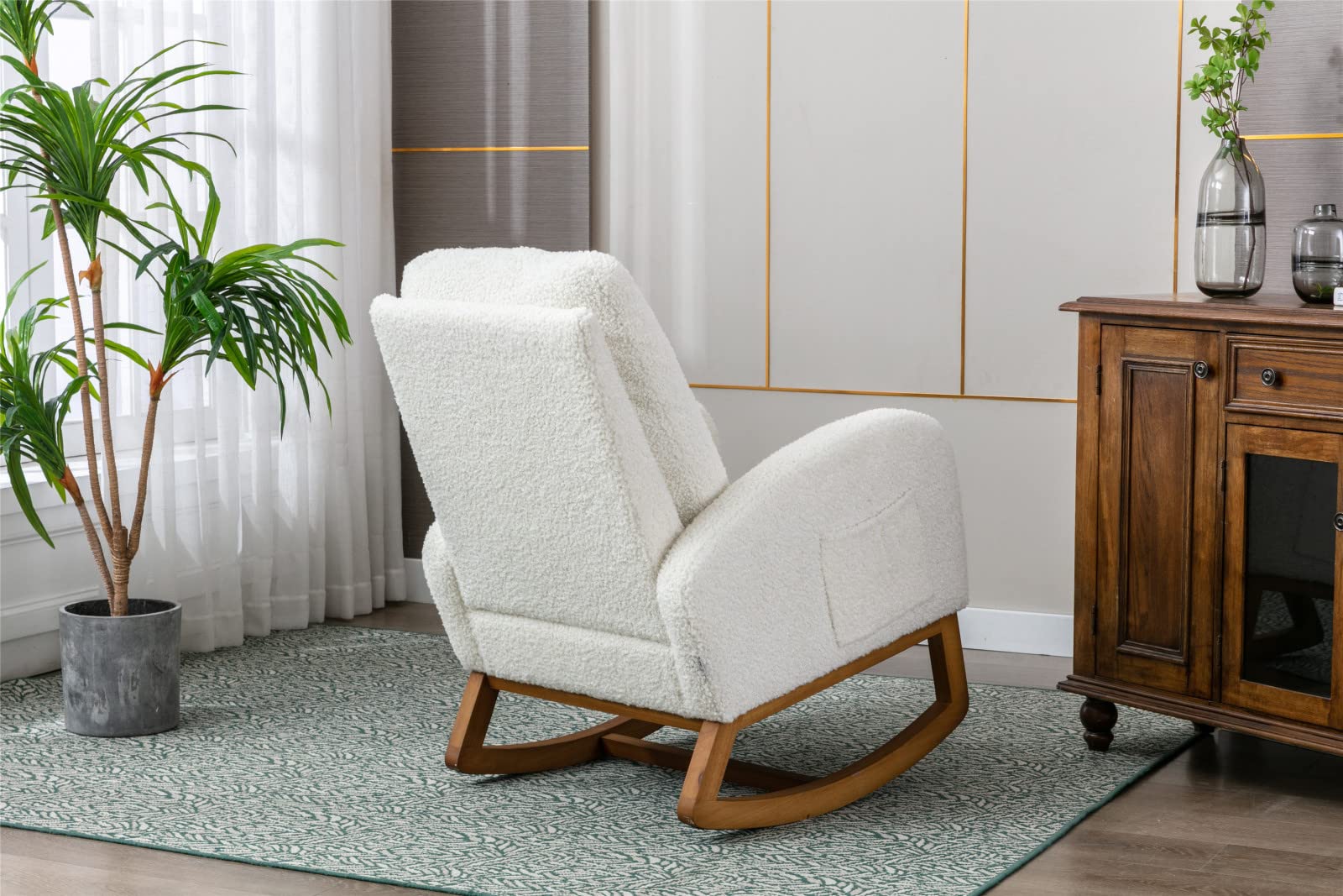 Pannow Upholstered Rocking Chair Mid-Century, Modern Nursery Rocking Armchair, Upholstered Tall Back Accent Glider Rocker with 2-Side Pocket for Bedroom Living Room Lounge (White Teddy)