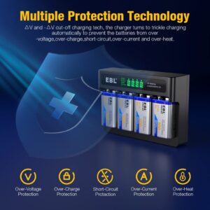 EBL Rechargeable 9V Batteries 4-Pack with M7014LW 9V Battery Charger (Built-in USB Cable) Insert Charger for Rechargeable 9 Volt Lithium-ion/Ni-MH/Ni-CD Batteries