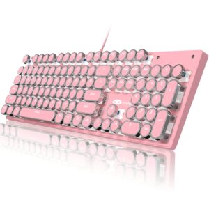 typewriter style mechanical gaming keyboard, pink punk gaming keyboard with white backlit, 104 keys blue switch wired cute keyboard, round keycaps for windows/mac/pc