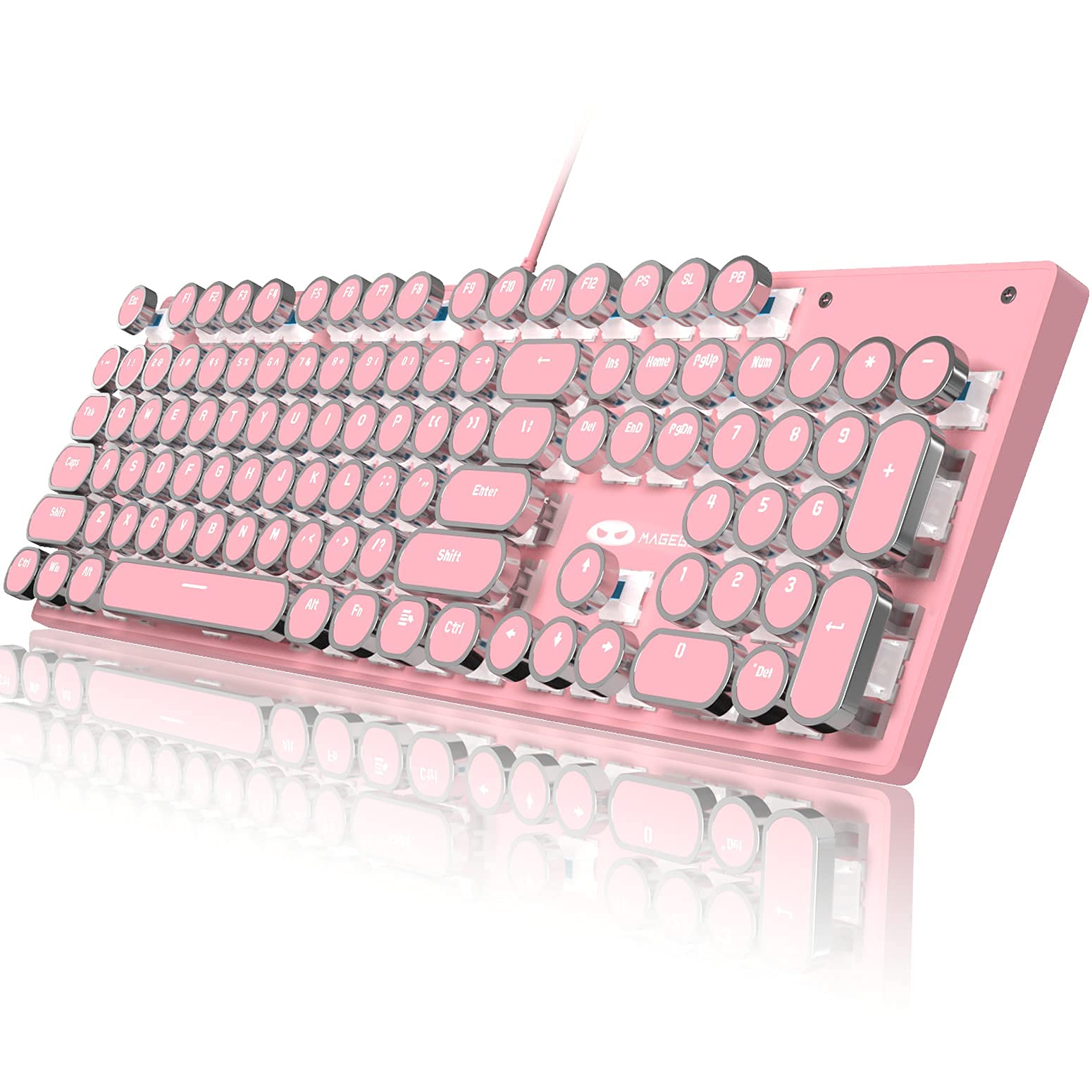 Typewriter Style Mechanical Gaming Keyboard, Pink Punk Gaming Keyboard with White Backlit, 104 Keys Blue Switch Wired Cute Keyboard, Round Keycaps for Windows/Mac/PC