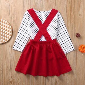 Toddler Baby Girls Valentine's Day Outfits Long Sleeve Dot Heart Shirt Top Red Suspender Skirt Clothes Set(Red, 2-3T(90)）