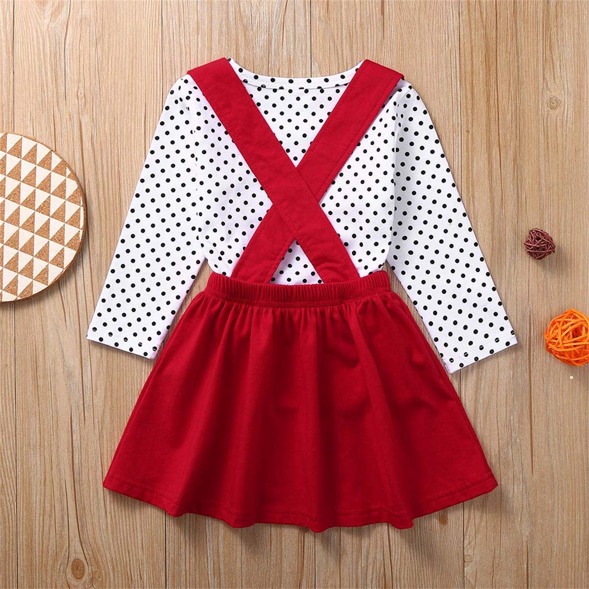 Toddler Baby Girls Valentine's Day Outfits Long Sleeve Dot Heart Shirt Top Red Suspender Skirt Clothes Set(Red, 2-3T(90)）