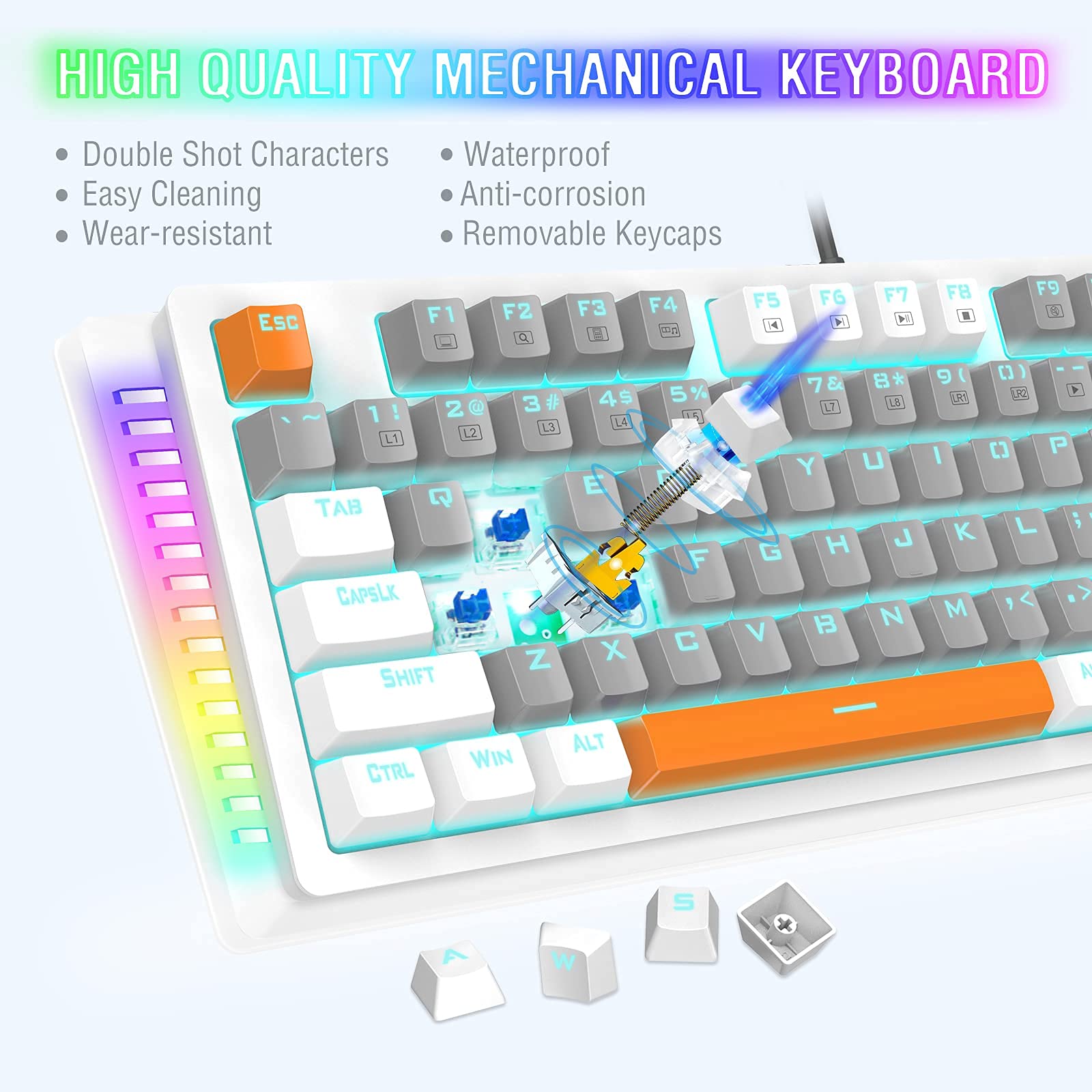 Mechanical Gaming Keyboard, Wired Mechanical Keyboard with Red Switches, 87 Keys Gaming Keyboard with Solid Color Backlit & RGB LED Sidelight for Windows Mac PC Gaming (Color : Blue Switches)