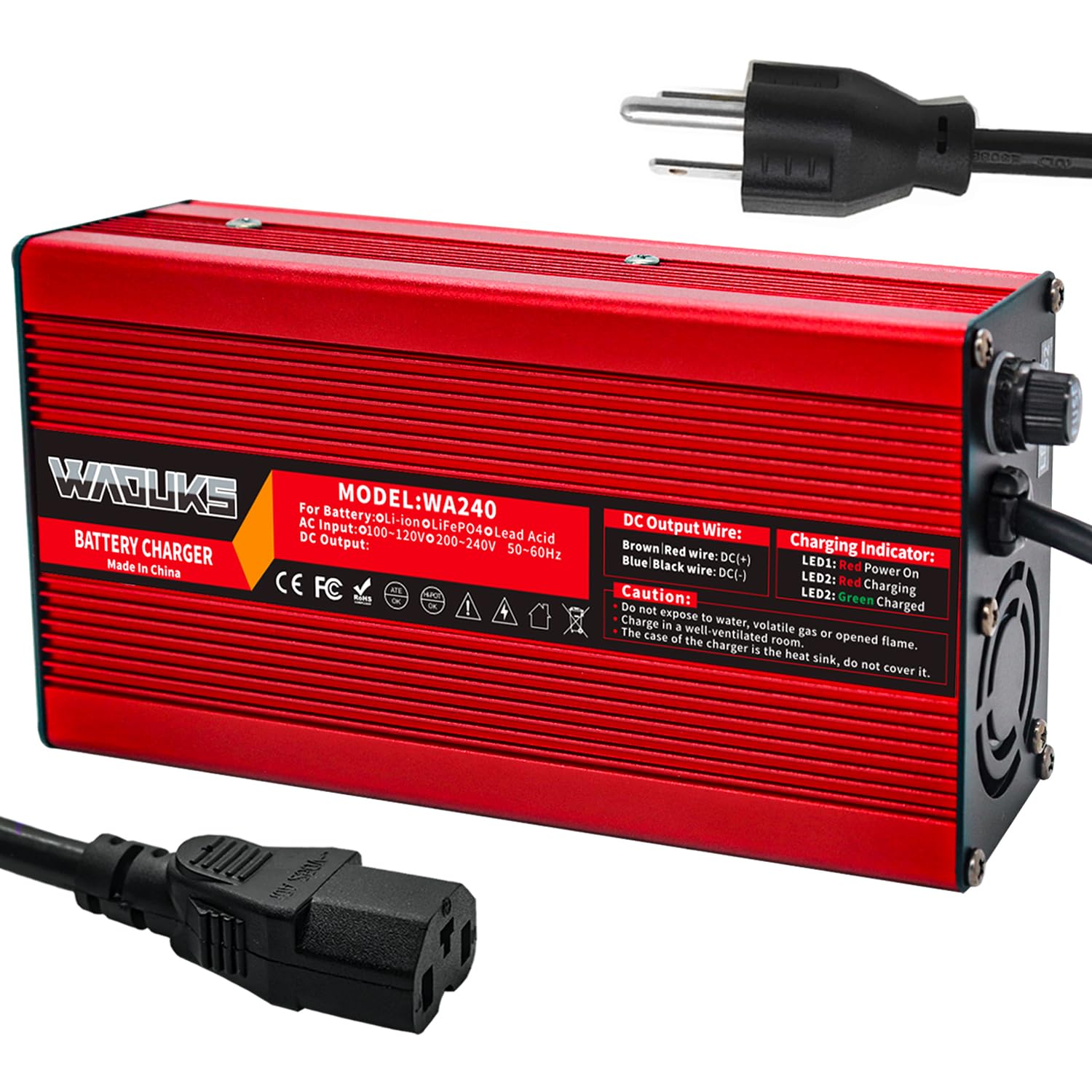 WAOUKS 84V 3A Charger 84V Li-ion Battery Charger with Cooling Fan Red Aluminum Case Used for 20S 72V 74V Lithium Battery Pack,84V Smart Charger DC Output 3pin C13 Ping Connector