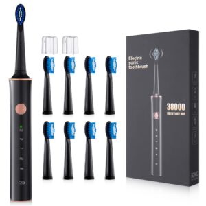 electric toothbrush, 8 dupont brush heads, 5 modes, ipx7 waterproof, 38000 vpm motor, 2hrs fast charge for 45 day use, powered toothbrush, rechargeable sonic toothbrush, whitening soft clean for adult