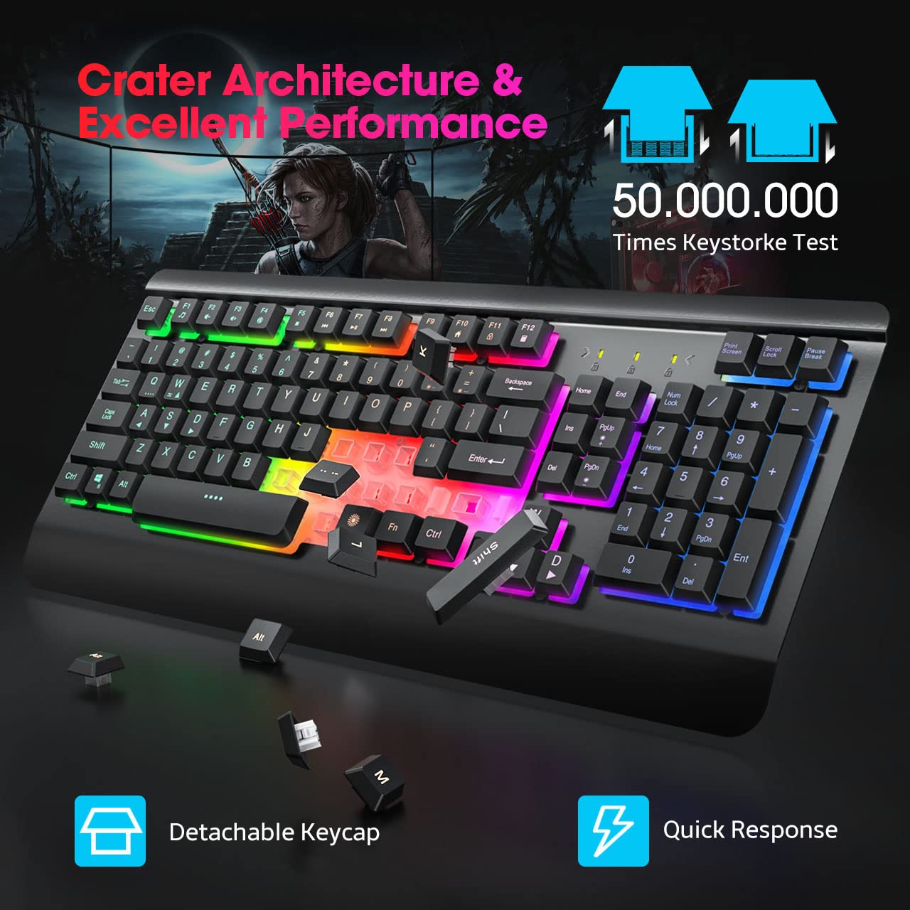 Cudote Gaming Keyboard, USB Wired Keyboard Rainbow Backlit, LED Light Up with Ergonomic Wrist Rest, Multimedia Shortcut Keys, 19 Keys Anti-ghosting, PC for Laptop Desktop Computer, Black