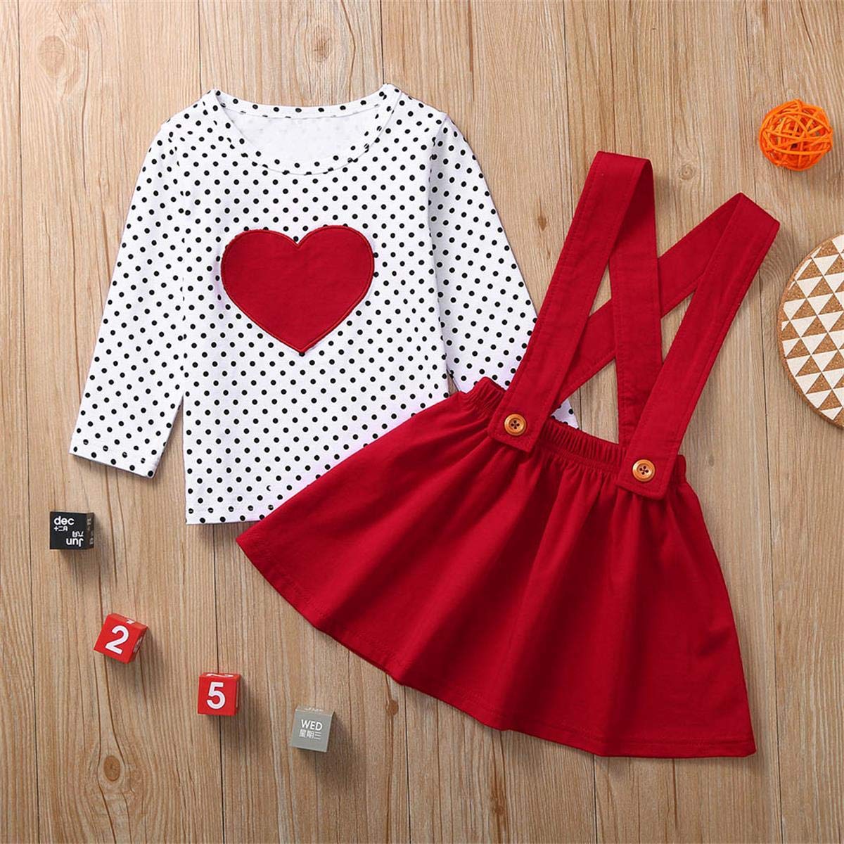 Toddler Baby Girls Valentine's Day Outfits Long Sleeve Dot Heart Shirt Top Red Suspender Skirt Clothes Set(Red, 2-3T(90)）