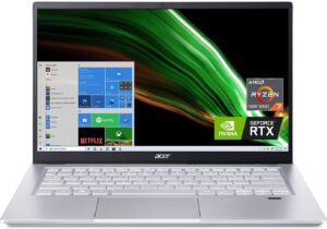 acer swift x creator laptop, 14" fhd ips 100% srgb display, 8 core amd ryzen 7 5800u, nvidia rtx 3050ti, fingerprint, wi-fi 6, type-c, webcam, 14hr long battery life, win10 (16gb ram | 512gb pcie ssd)