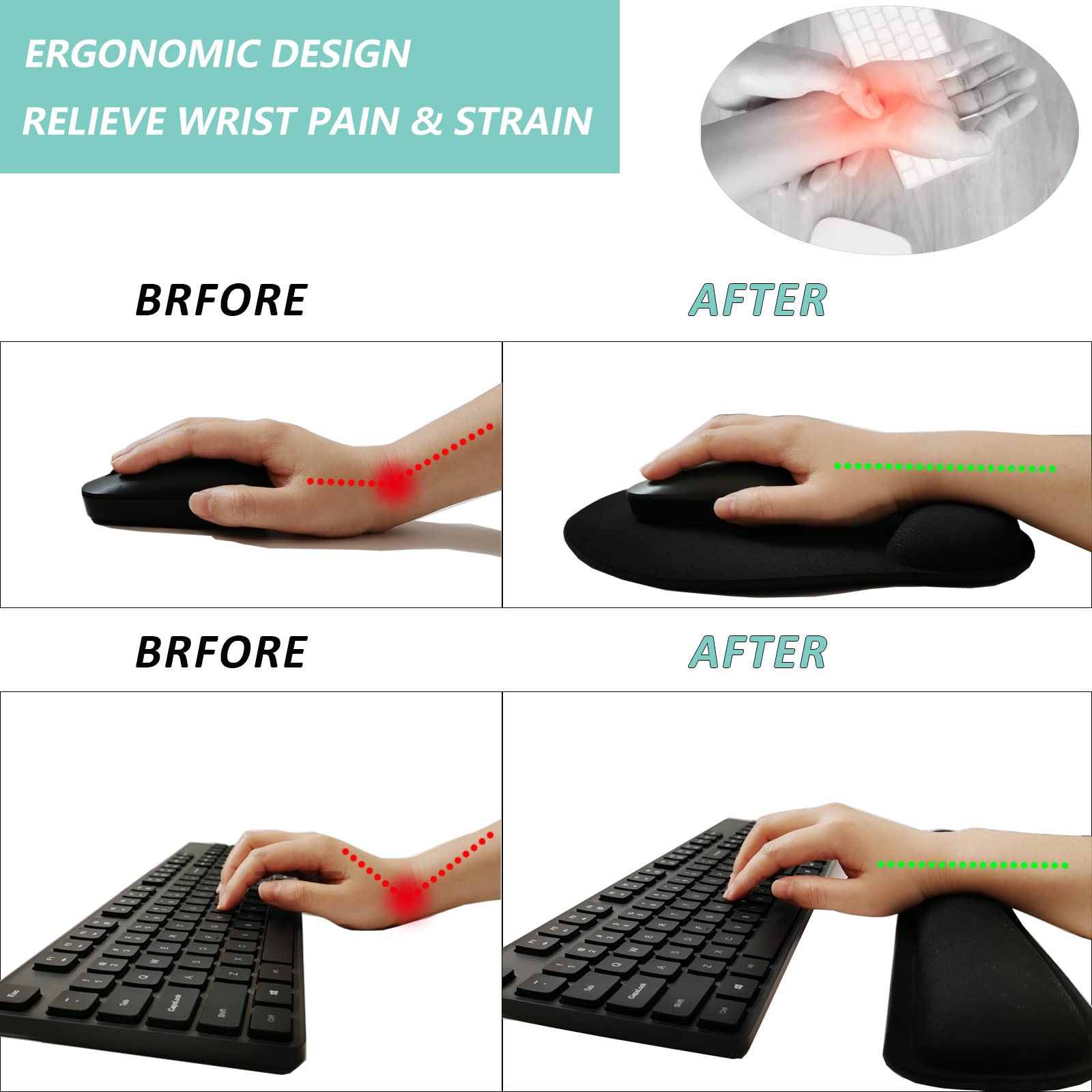 Keyboard Wrist Rest Pad Mouse Pad with Wrist Support, Ergonomic Memory Foam Mouse Wrist Cushion Support for Home Office Laptop Computer Working Gaming (Black)