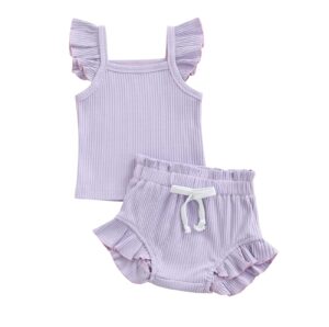 toddler baby girl summer short clothes ribbed ruffle sleeve tops+elastic drawstring short pants two piece solid outfit set (a-purple, 12-18 months)