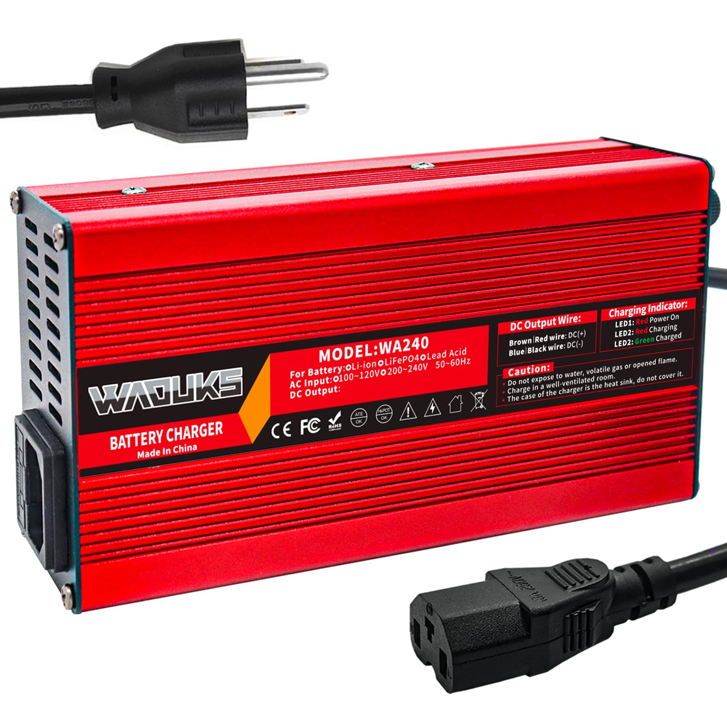 WAOUKS 84V 3A Charger 84V Li-ion Battery Charger with Cooling Fan Red Aluminum Case Used for 20S 72V 74V Lithium Battery Pack,84V Smart Charger DC Output 3pin C13 Ping Connector