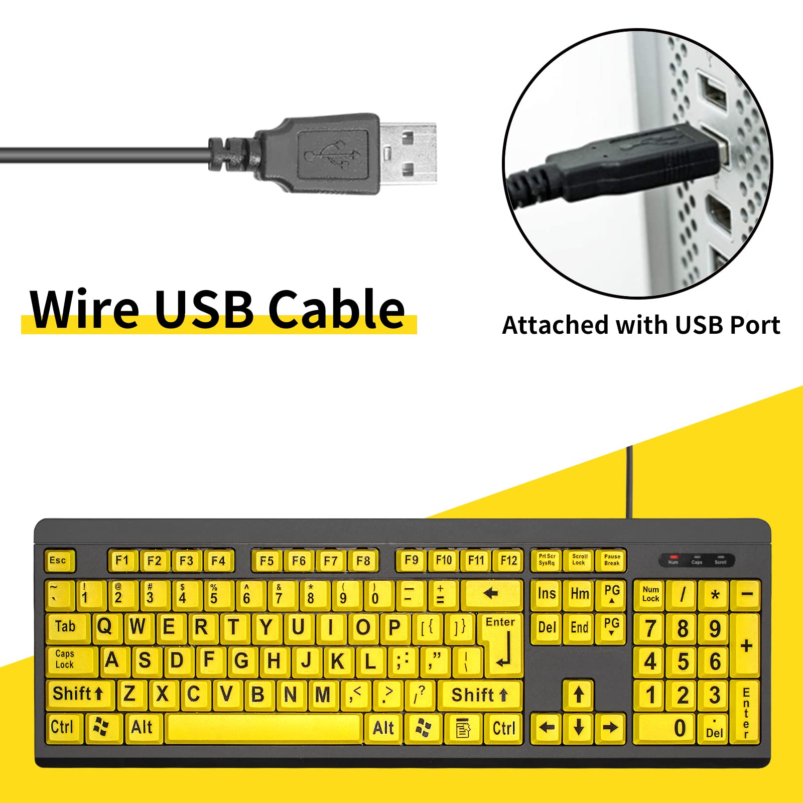 Adadmei Large Print Computer Keyboard, Wired USB High Contrast Keyboard, Oversized Big Letters Keyboard for Visually Impaired Low Vision Individuals, Seniors, Students, Computer Beginners