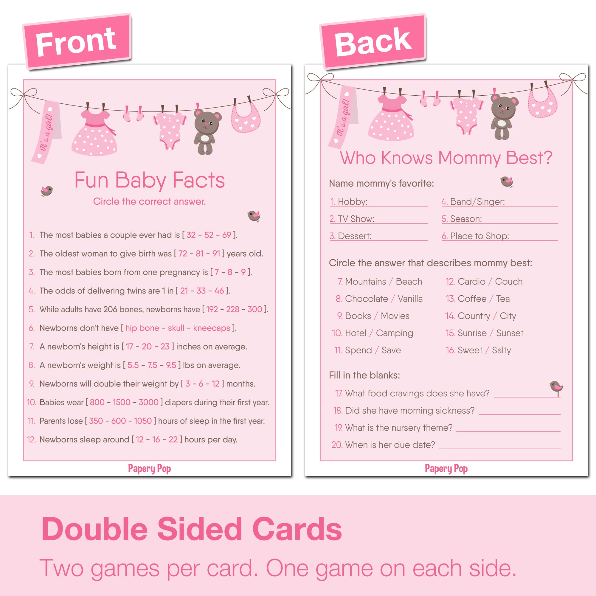 Papery Pop Baby Shower Games for Girl - Set of 4 Games for 30 Guests - Double Sided Cards - Baby Shower Supplies