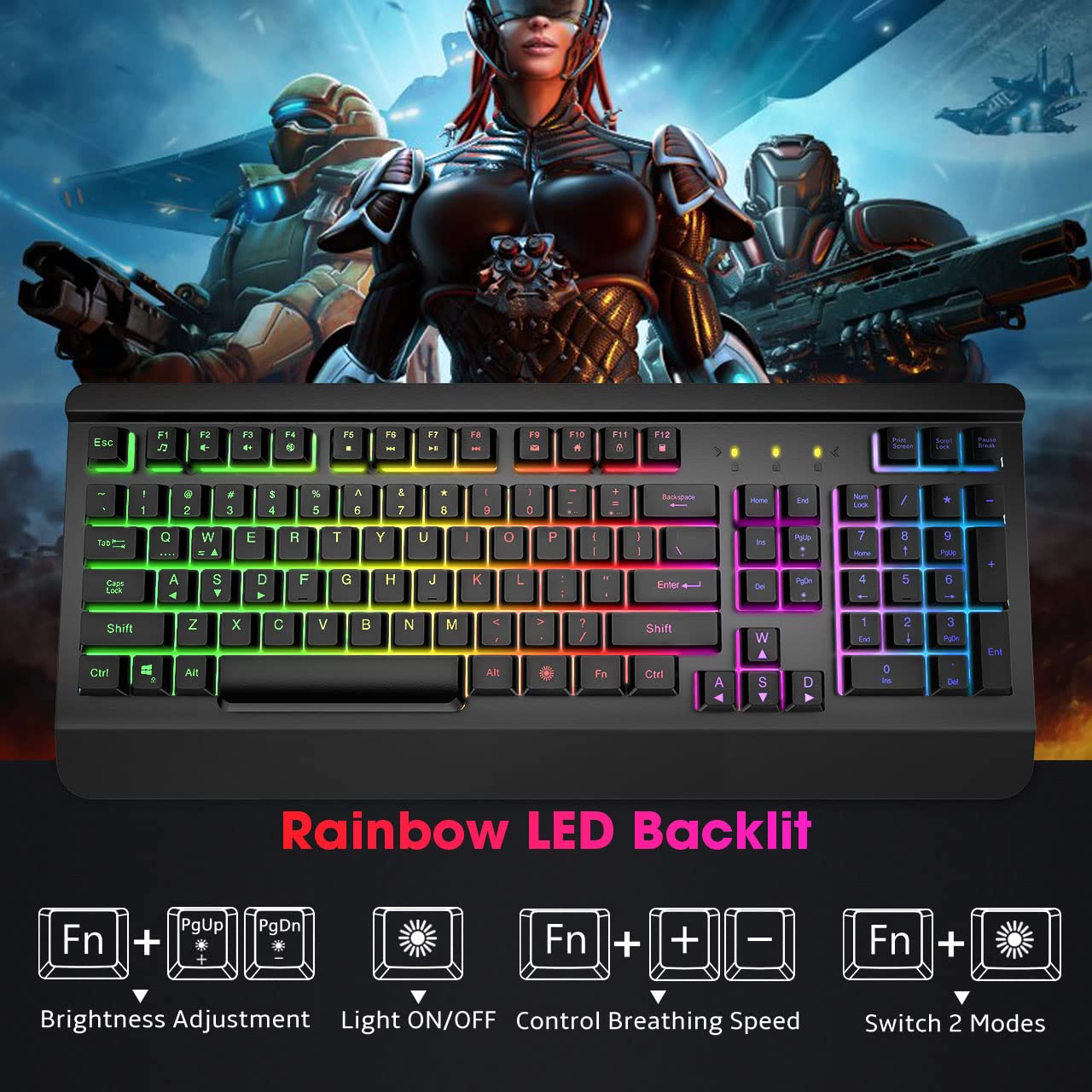 Cudote Gaming Keyboard, USB Wired Keyboard Rainbow Backlit, LED Light Up with Ergonomic Wrist Rest, Multimedia Shortcut Keys, 19 Keys Anti-ghosting, PC for Laptop Desktop Computer, Black