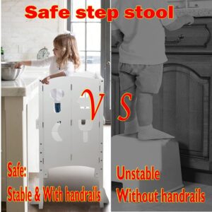 Kitchen Step Stool for Kids, Toddler Wooden Standing Tower, Folding Child Step Stool, Safety Cooking Standing Stool for Children with Lockable Handrail, White