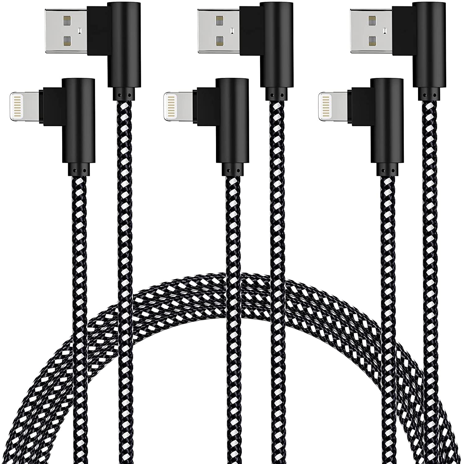 iPhone Charger Cable 10FT Lightning Cable 90 Degree Angled 3Pack Nylon Braided Apple MFi Certified Data Sync Cord for iPhone 13/13Pro/12/11/11Pro/11Max/X/XS/XR/XS Max/8/7/6 (White, 10ft)