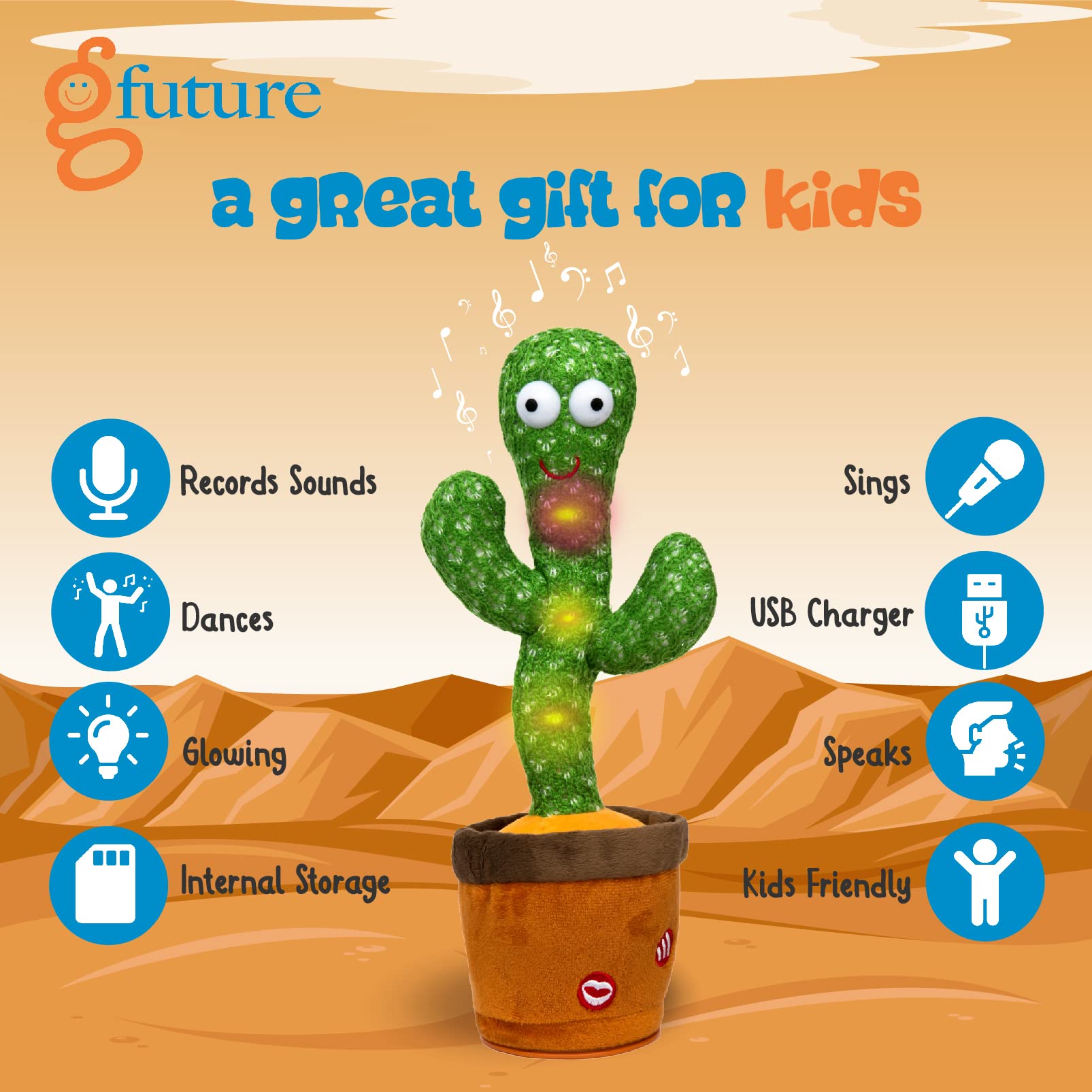 GFUTURE Dancing Cactus Mimicking Toys for Babies and Kids, Repeat What You Say Sunny Cactus Plush Toy with Kids Friendly 75 Songs and Music Kids Adjust Volume 12 Inches, USB Charger