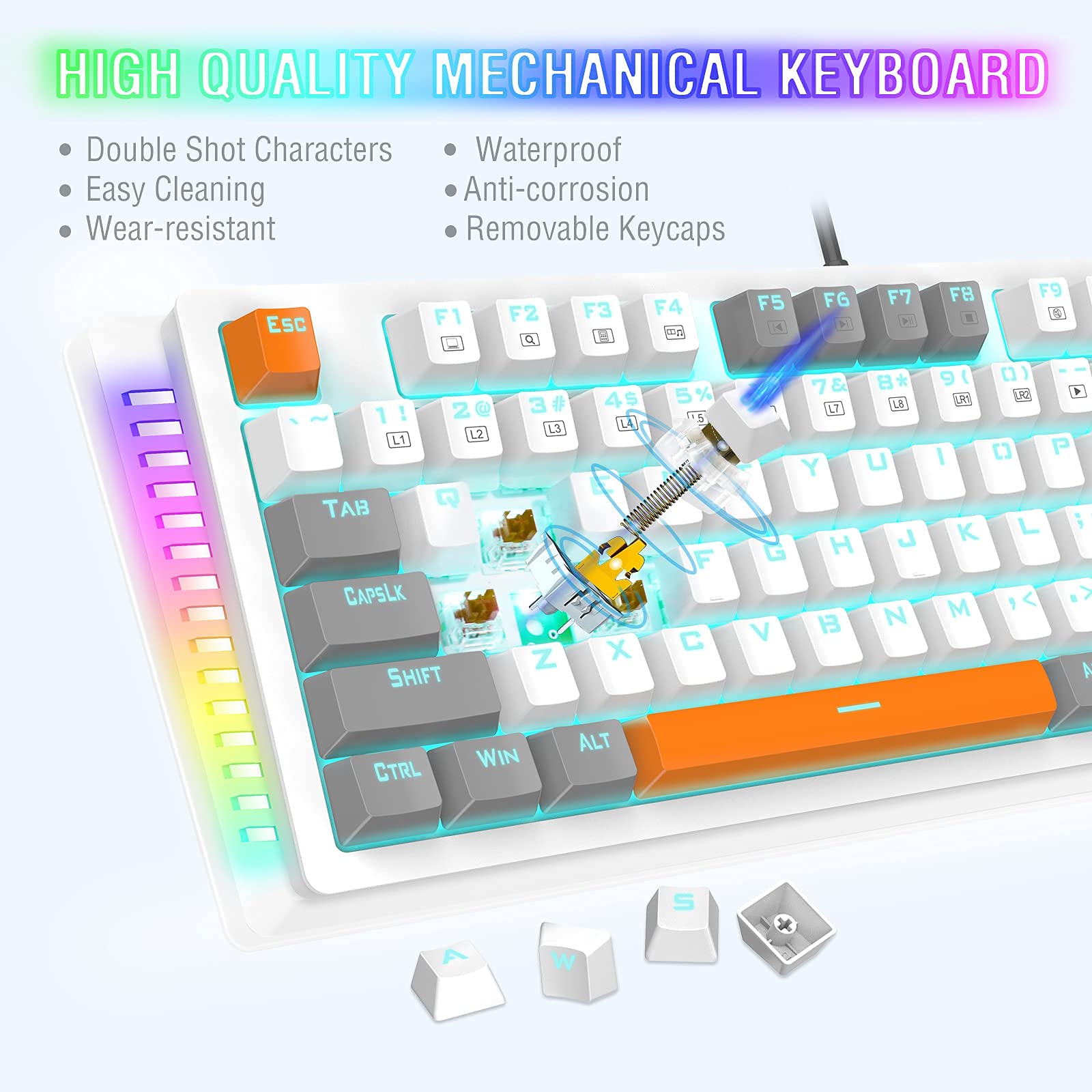 Mechanical Gaming Keyboard, Wired Mechanical Keyboard with Red Switches, 87 Keys Gaming Keyboard with Solid Color Backlit & RGB LED Sidelight for Windows Mac PC Gaming (Color : Brown Switches)