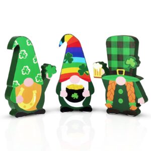 st patricks day decorations gnomes 3 pcs, lucky tomte swedish scandinavian wooden table signs irish shamrock farmhouse gift for home, tiered tray decor party supplies