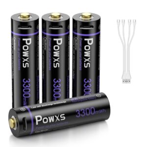 powxs rechargeable aa lithium batteries usb, 3300mwh super capacity 2h fast charging 1.5v lithium ion double a batteries with 2 in 1 micro usb cable