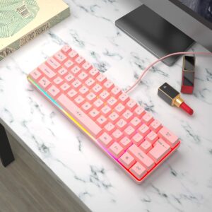 60% Wired Gaming Keyboard, RGB Backlit Ultra-Compact Mini Keyboard, Mechanical Feeling Membrane Mini Compact 61 Keys Keyboard for PC/Mac Gamer, Typist, Travel, Easy to Carry on Business Trip(Pink)