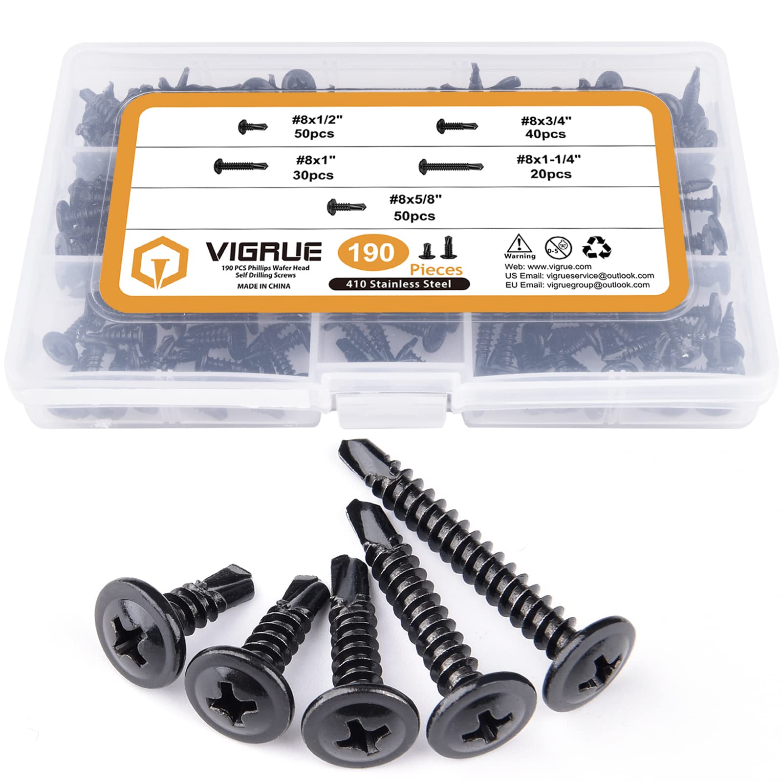 410 Stainless Steel Sheet Metal Screws Assortment Kit, #8 x 1/2'' to 1-1/2'' Assorted Modified Truss Head Black Self Tapping Screws for Metal, Plastic, Aluminum, 190Pcs Self Drilling Screws