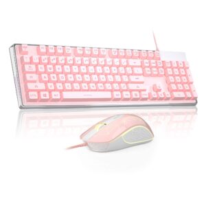 wired gaming keyboard and mouse combo, led backlit gaming keyboard with crystal cover, 7 colors led backlit gaming mouse 3200 dpi for pc gamer computer desktop (pink) (color : pink, size : white)