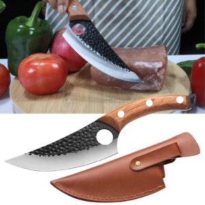 smartcitynomo chefs knife with sheath - 5.7 inch kitchen cooking knife for chopping/meat cutting, high carbon fine steel with pear wood handle for home, outdoor camping, bbq