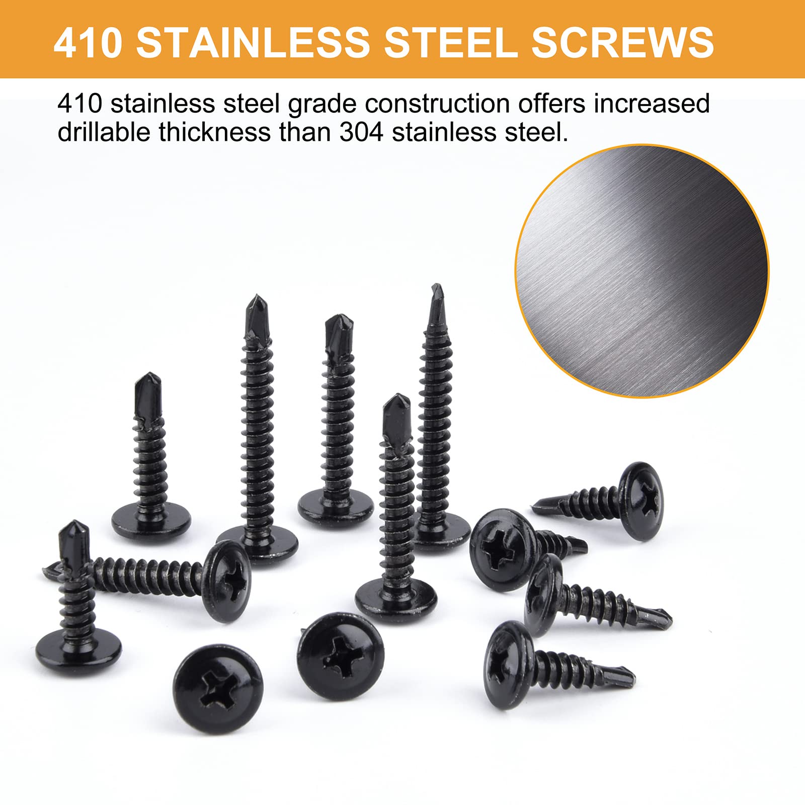 410 Stainless Steel Sheet Metal Screws Assortment Kit, #8 x 1/2'' to 1-1/2'' Assorted Modified Truss Head Black Self Tapping Screws for Metal, Plastic, Aluminum, 190Pcs Self Drilling Screws