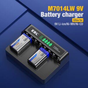 EBL Rechargeable 9V Batteries 4-Pack with M7014LW 9V Battery Charger (Built-in USB Cable) Insert Charger for Rechargeable 9 Volt Lithium-ion/Ni-MH/Ni-CD Batteries